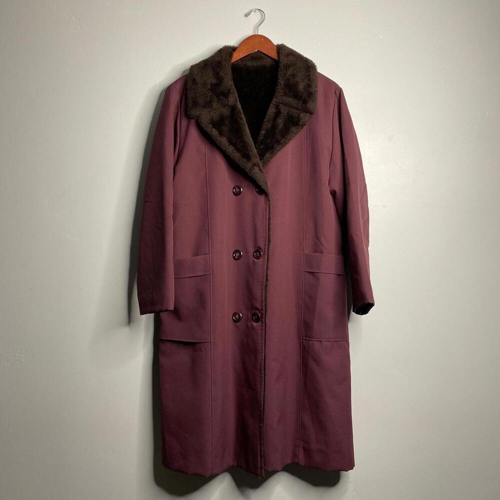 Vintage Maroon Faux Fur Trench Coat - Gem